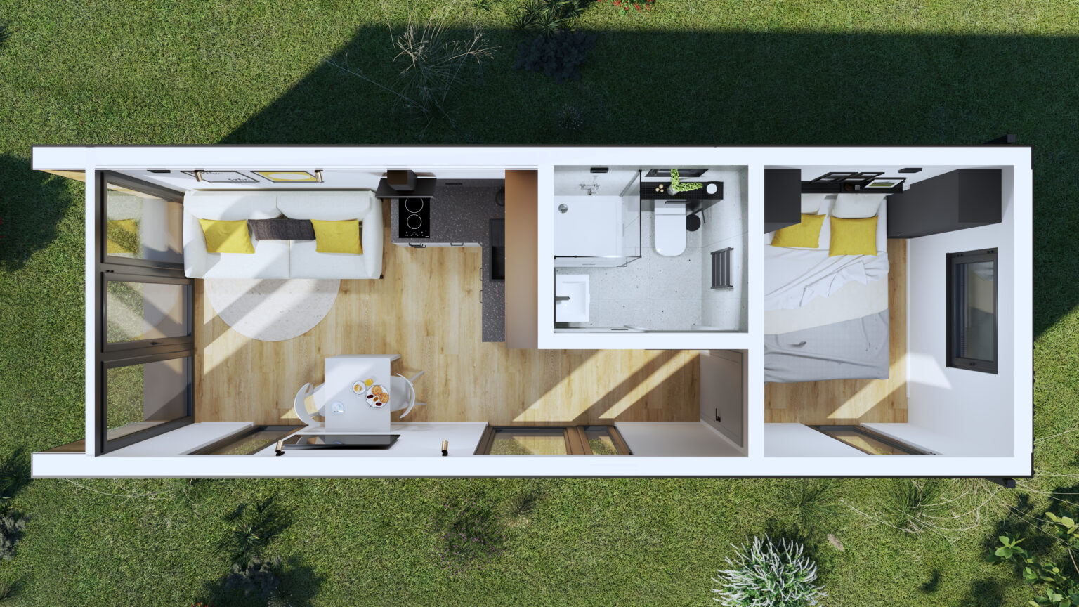 Modulární domek 9×3 m | Chaty, sauny